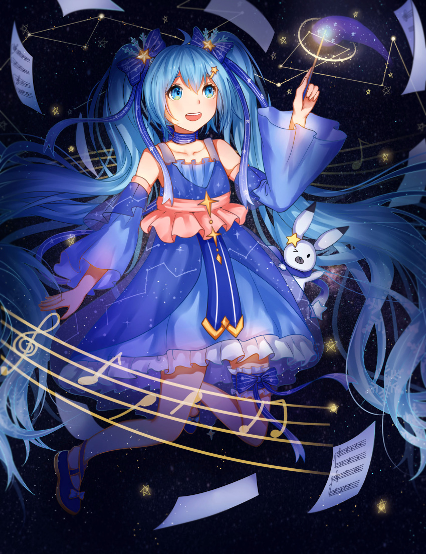 Safebooru - 1girl :d absurdres arm up beamed eighth notes blue dress ...