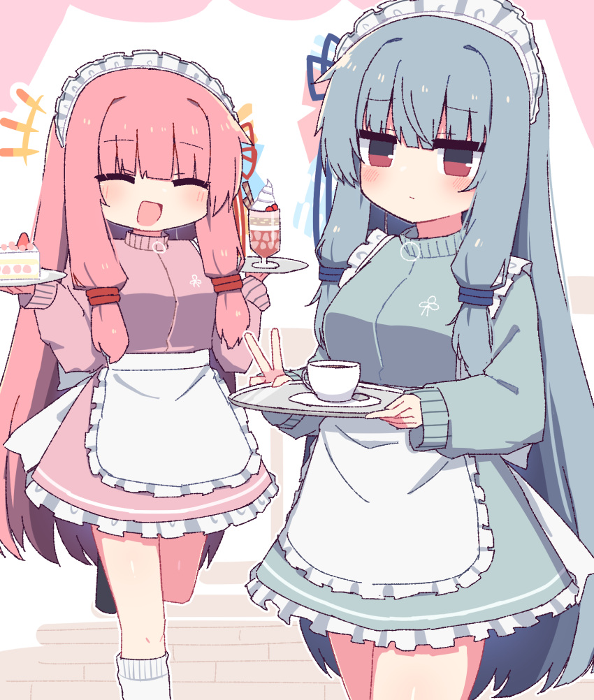 Safebooru - 2girls alternate costume apron blue hair blue jacket cake ...