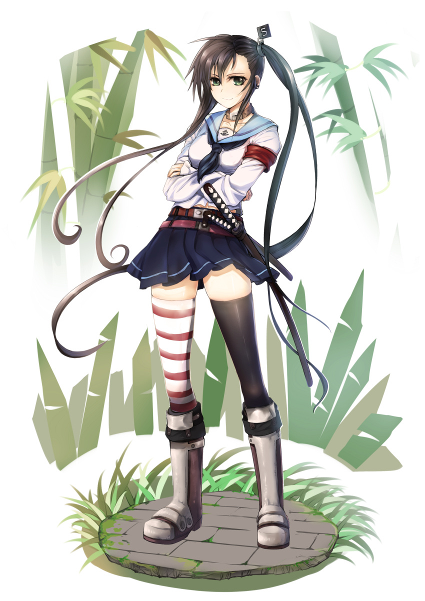 Safebooru - 1girl absurdres armband armor armored boots asymmetrical bangs bamboo bangs belt ...