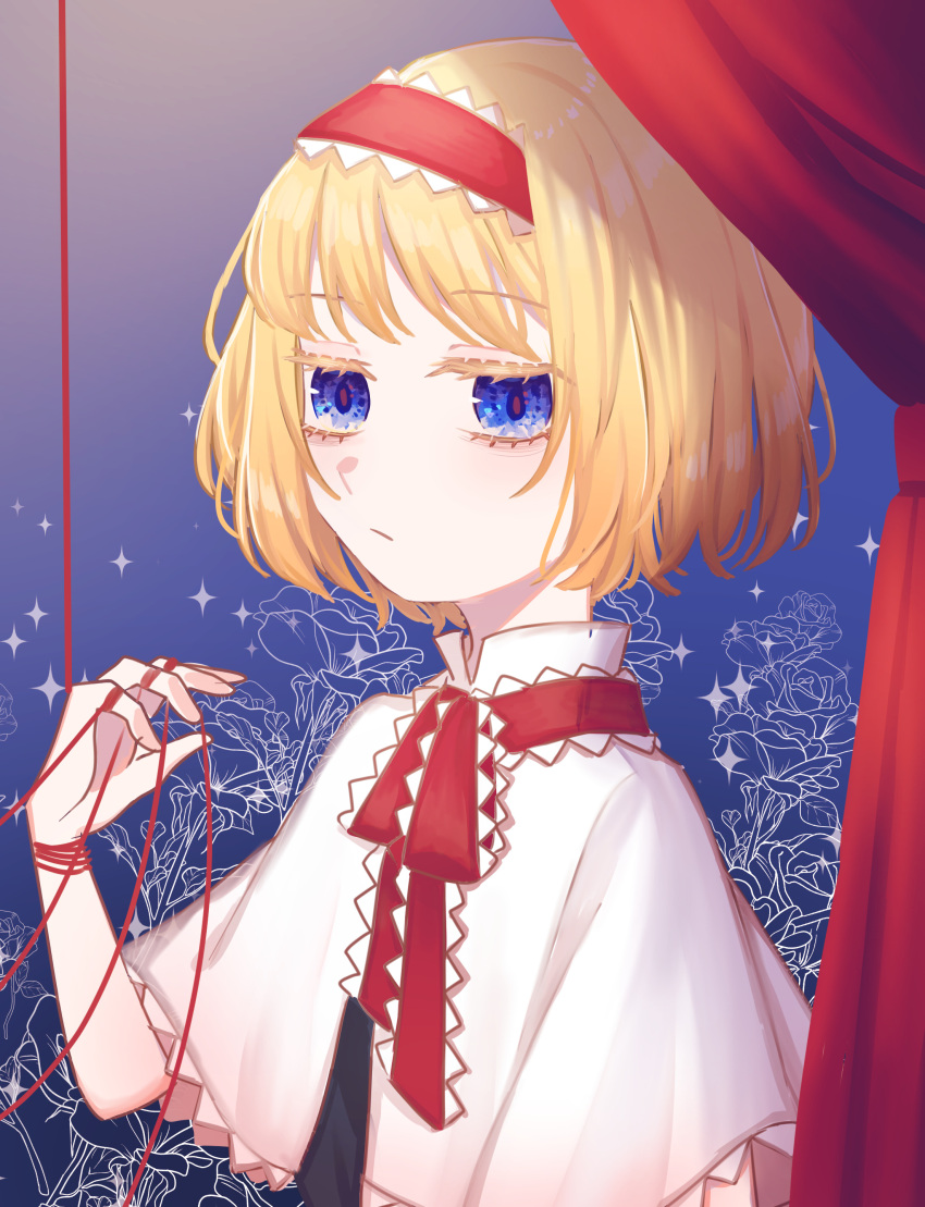 Safebooru - 1girl absurdres alice margatroid bangs blonde hair blue background blue dress blue ...