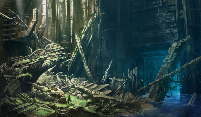 Safebooru - dark dragon fantasy gears grass hat highres horns indoors ...