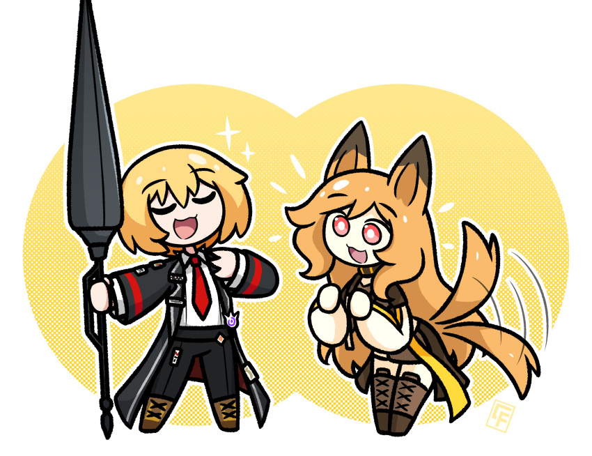 Safebooru - 2girls animal ears arknights badge blonde hair brown hair ...
