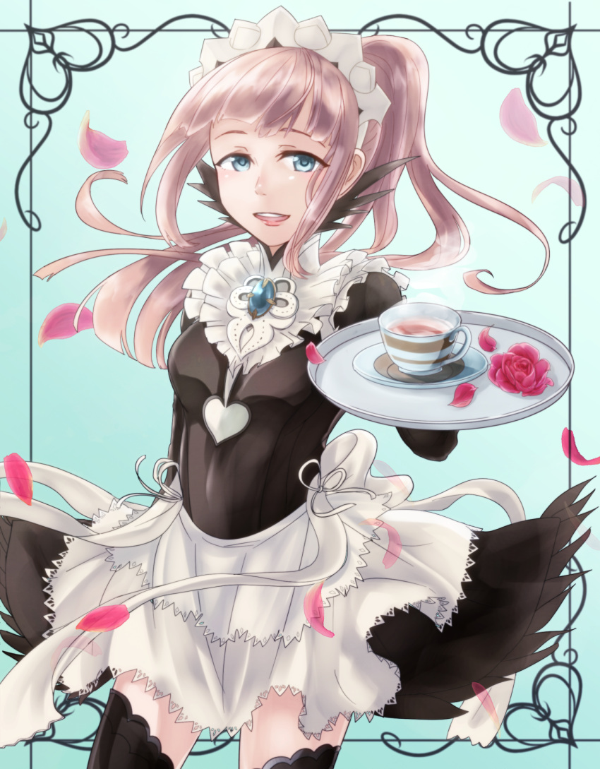 Safebooru - 1girl apron aqua background blue eyes cup felicia (fire ...