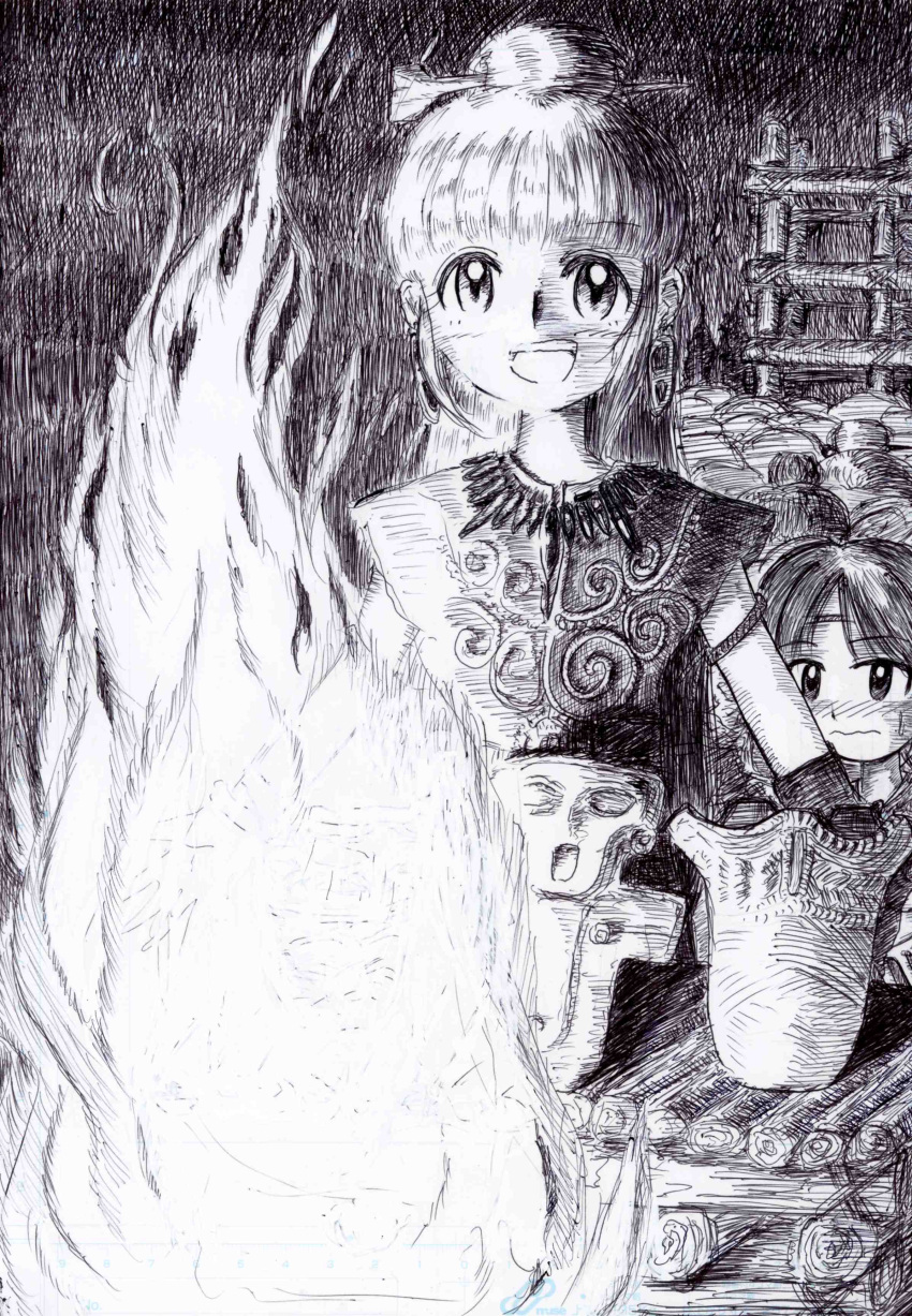 Safebooru - 2girls artist request ballpoint pen (medium) fire highres ...