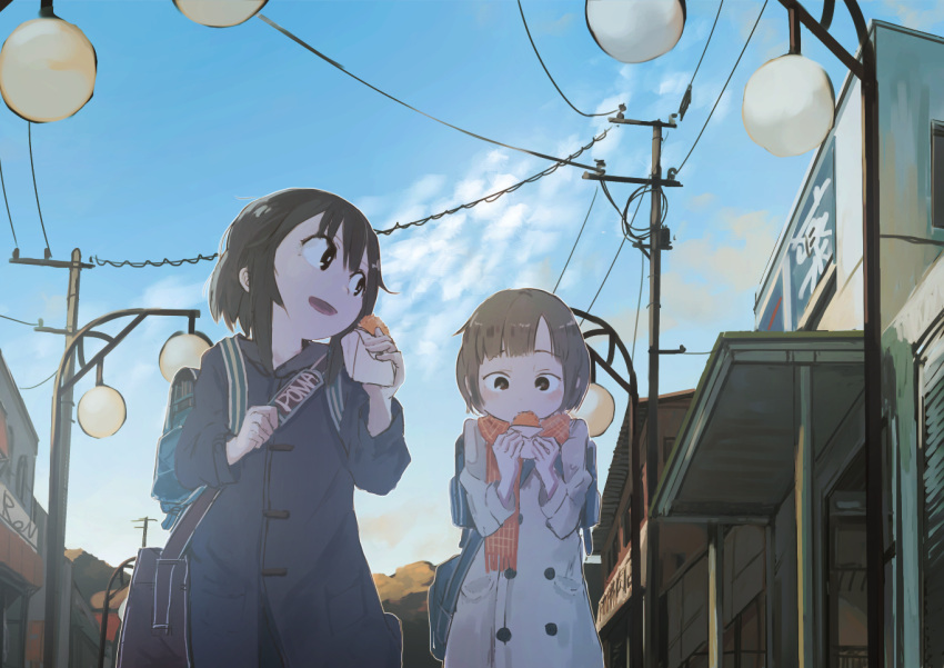 Safebooru - 2girls backpack bag black hair brown eyes brown hair ...