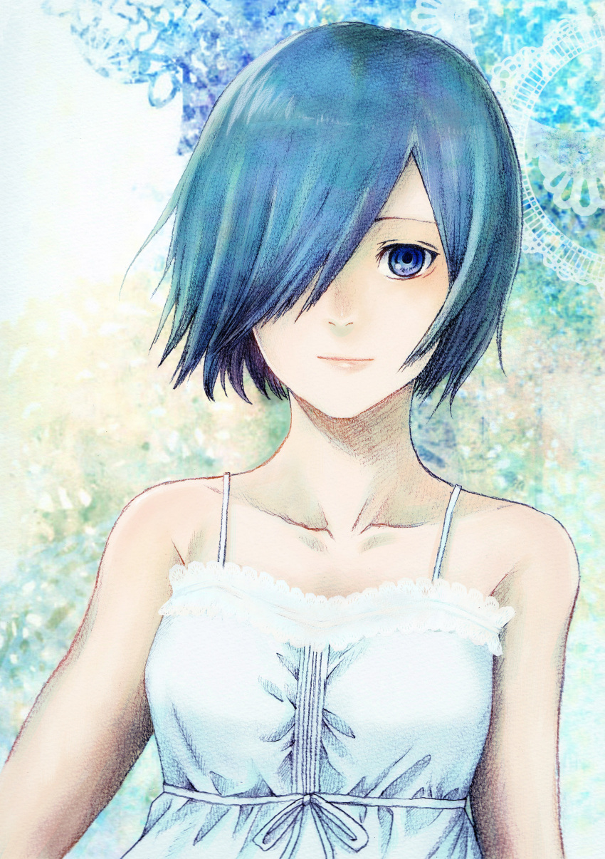 Safebooru - 1girl absurdres blue eyes blue hair dress hair over one eye ...
