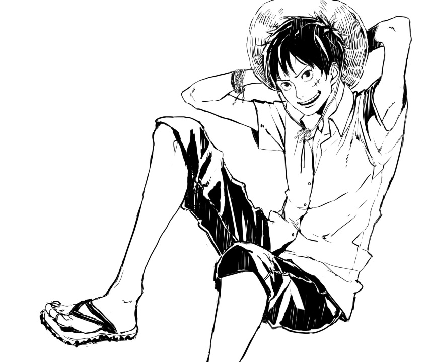 Safebooru - 1boy hat male focus monkey d luffy monochrome one piece ...