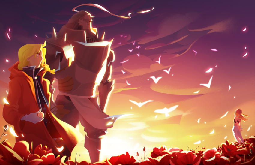 Safebooru - 1girl 2boys ahoge alphonse elric apron armor back bandanna bird blonde hair braided ...