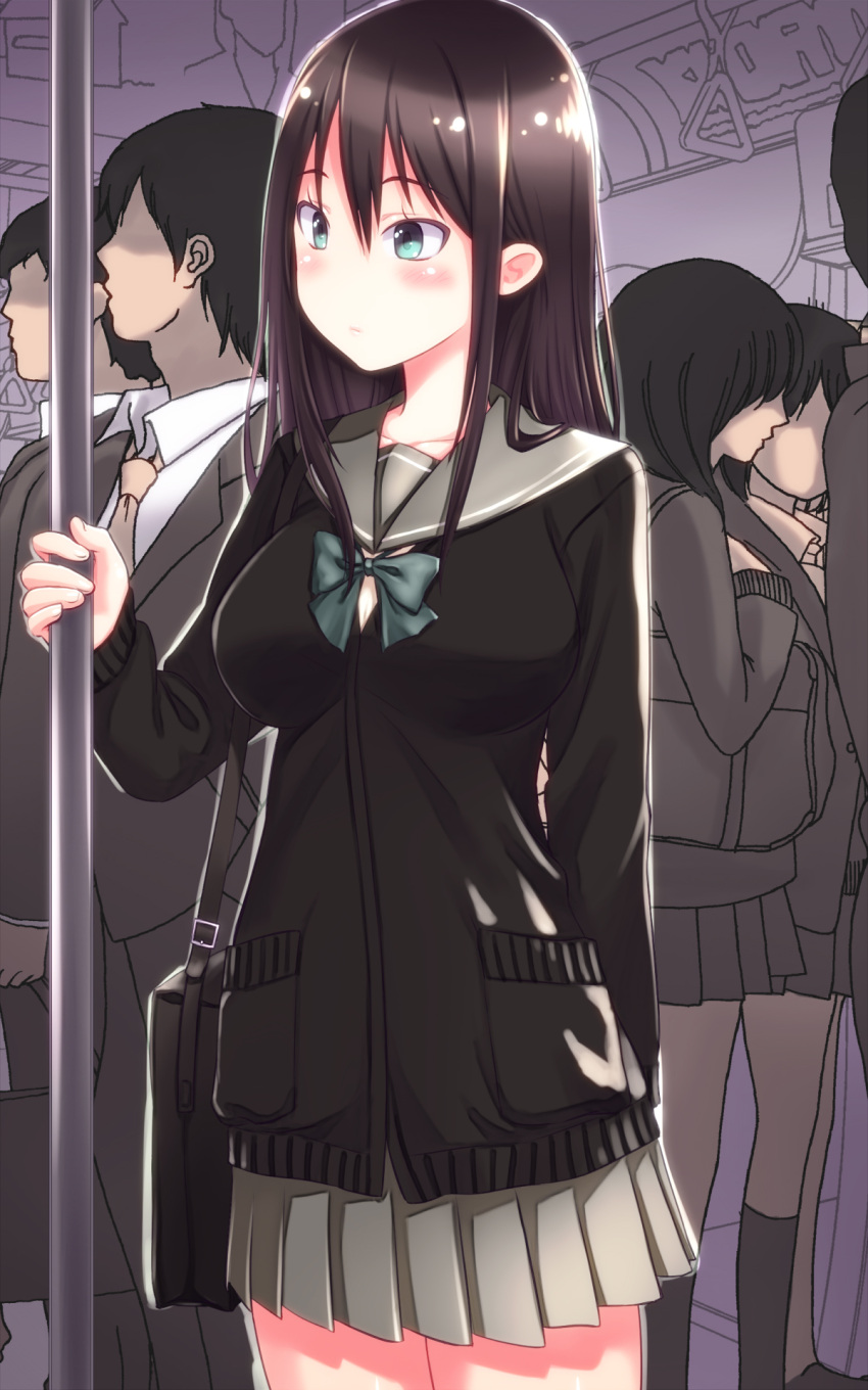 Safebooru - 3girls aqua eyes bag black hair blue eyes blush bow bowtie breasts highres large ...