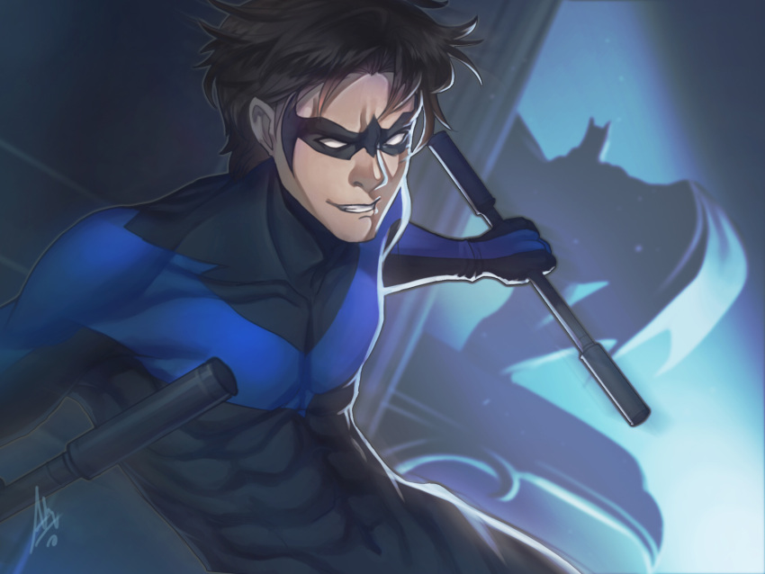 Safebooru - 2boys abs batman batman (series) black hair bodysuit bruce ...