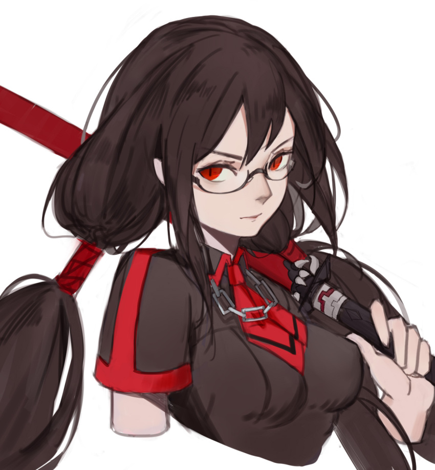 Safebooru - 1girl black-framed eyewear black hair black shirt blood-c breasts chains closed ...