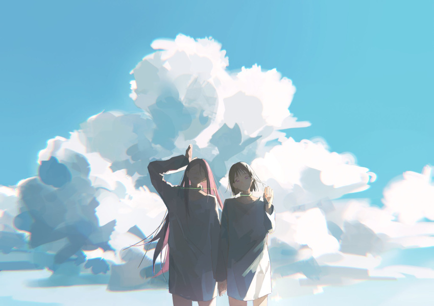 Safebooru - 2girls alien stage arm up black-framed eyewear blue sky brown hair closed eyes ...