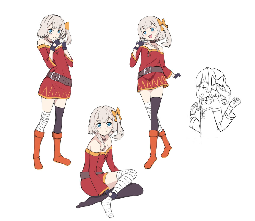 Safebooru - 1girl bandaged leg bandages belt blue eyes bow brown belt cosplay dress fingerless ...