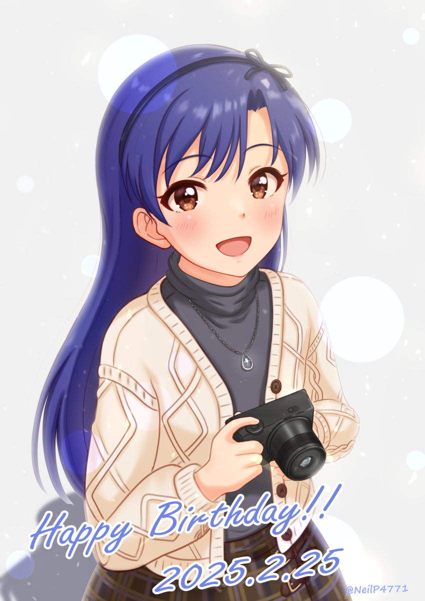 Safebooru - 1girl absurdres birthday black hairband black shirt blue hair blush brown cardigan ...