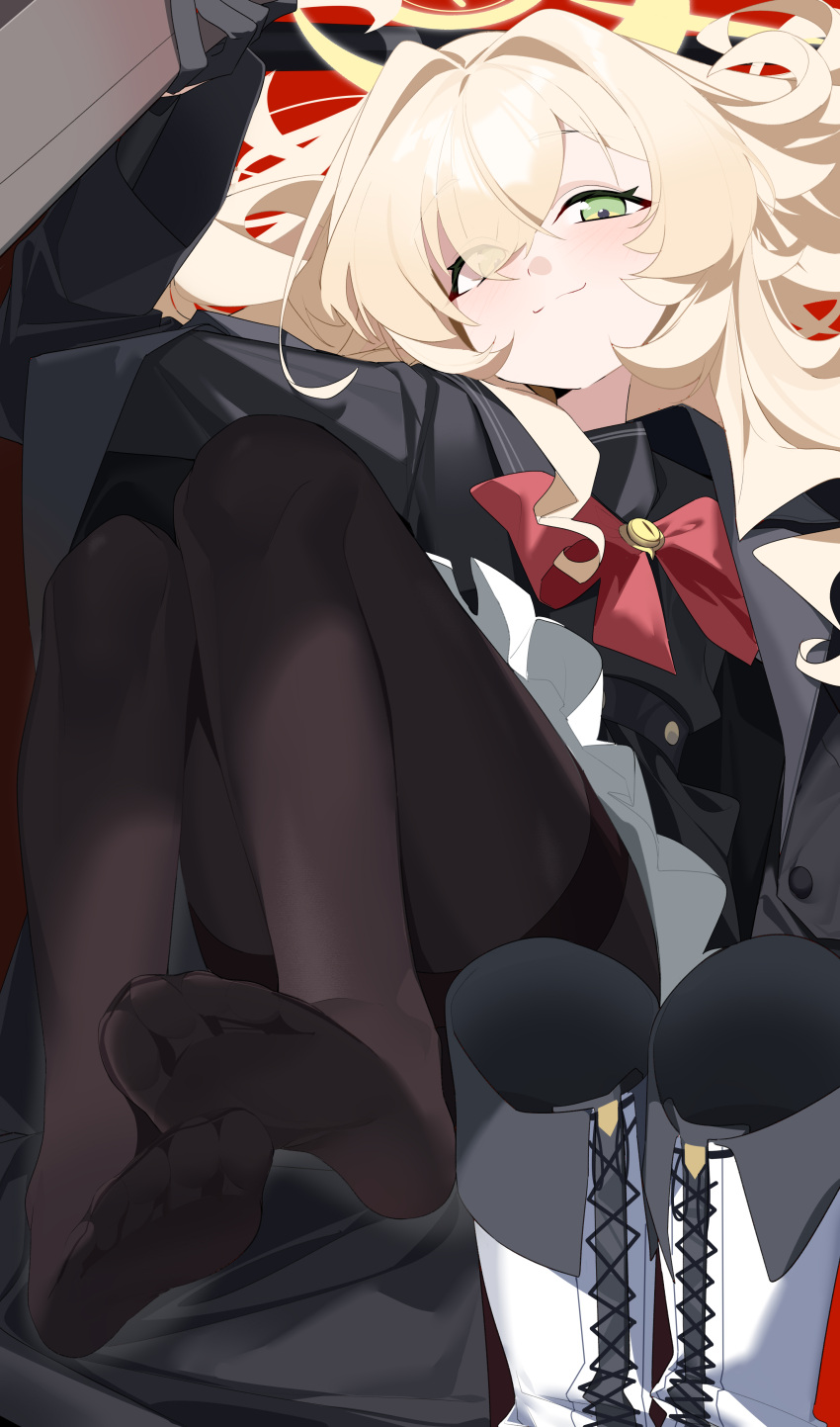 Safebooru - 1girl absurdres black gloves black serafuku blonde hair blue archive boots brown ...