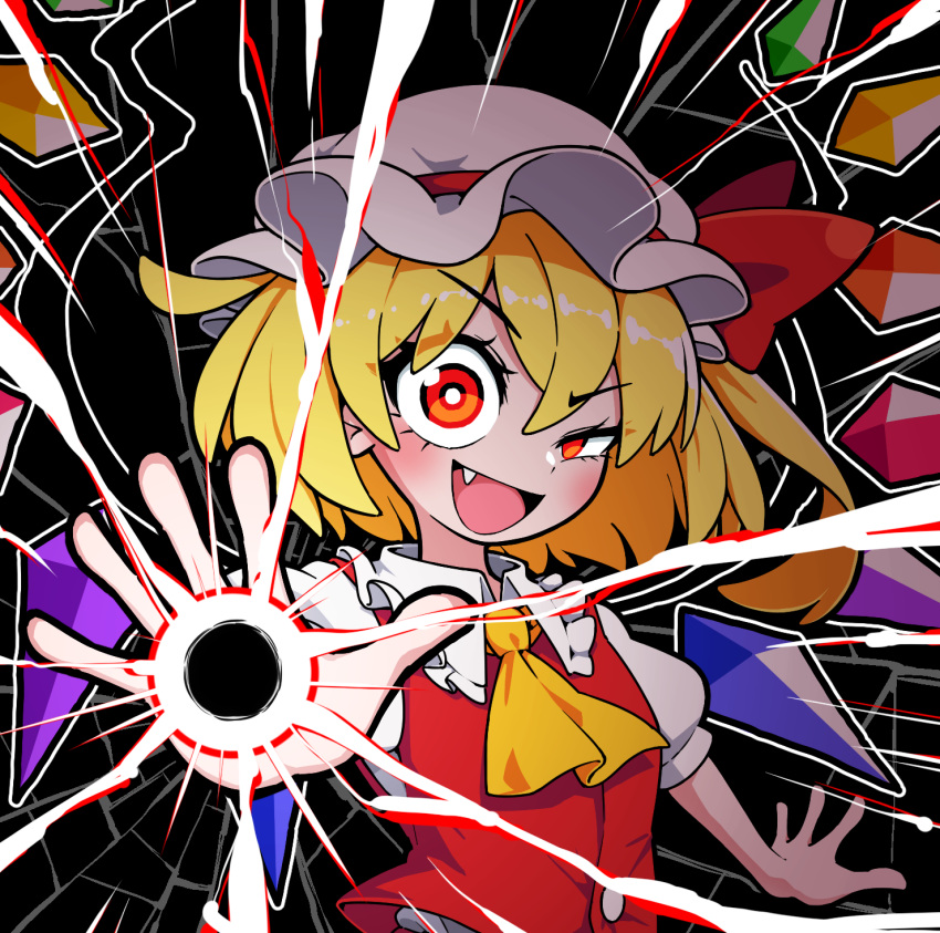 Safebooru - 1girl ascot black background blonde hair breaking crystal crystal wings fang flandre ...