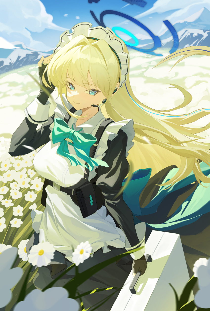 Safebooru - 1girl absurdres apron black dress black gloves blonde hair blue archive blue eyes ...