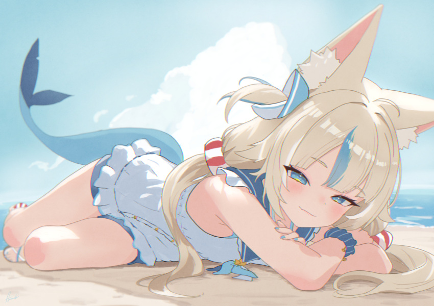 Safebooru - 1girl animal ears beach blonde hair blue eyes fins fish girl fish tail looking at ...
