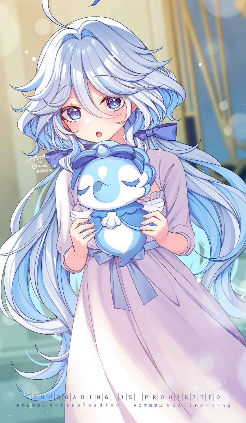 Safebooru - 1girl :o ahoge blue bow blue eyes blue hair blue pupils blush bow commentary request ...