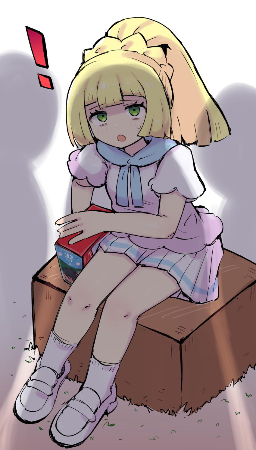 Safebooru - ! 1girl :o blonde hair blunt bangs box commentary request eyelashes full body green ...