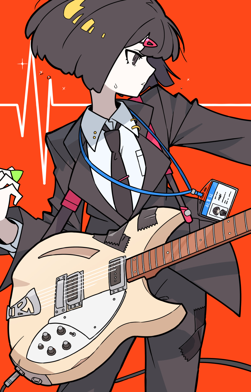 Safebooru - 1girl absurdres badge black hair black necktie black pants cable electric guitar ...