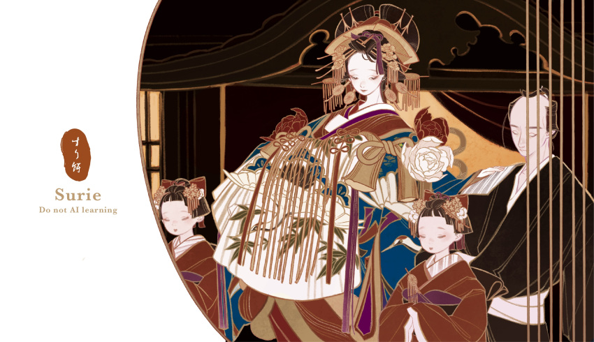Safebooru 1boy 3girls Artist Name Black Hair Black Kimono Blue Kimono 3634