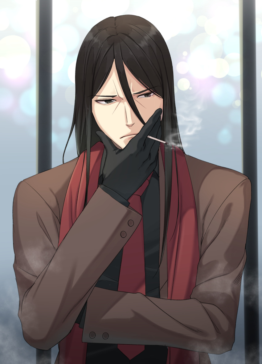 Safebooru - 1boy black gloves black hair brown coat cigarette closed mouth coat fate/grand order ...