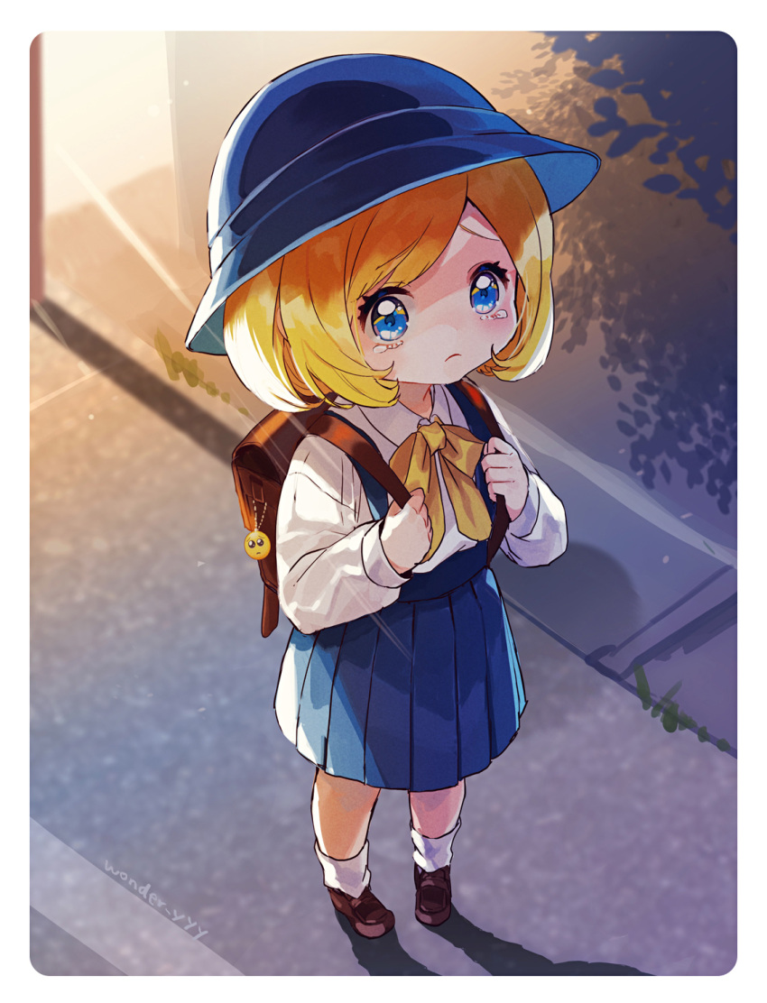Safebooru - 1girl bag blonde hair blue eyes blue hat blue skirt border bow bowtie brown bag ...
