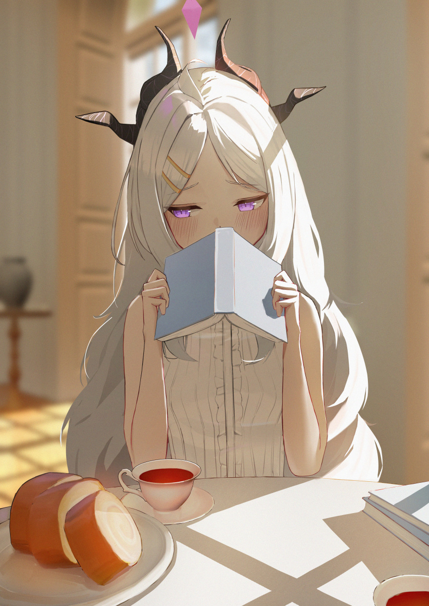 Safebooru - 1girl absurdres ahoge blue archive blush book cake coffee mug cup demon girl demon ...