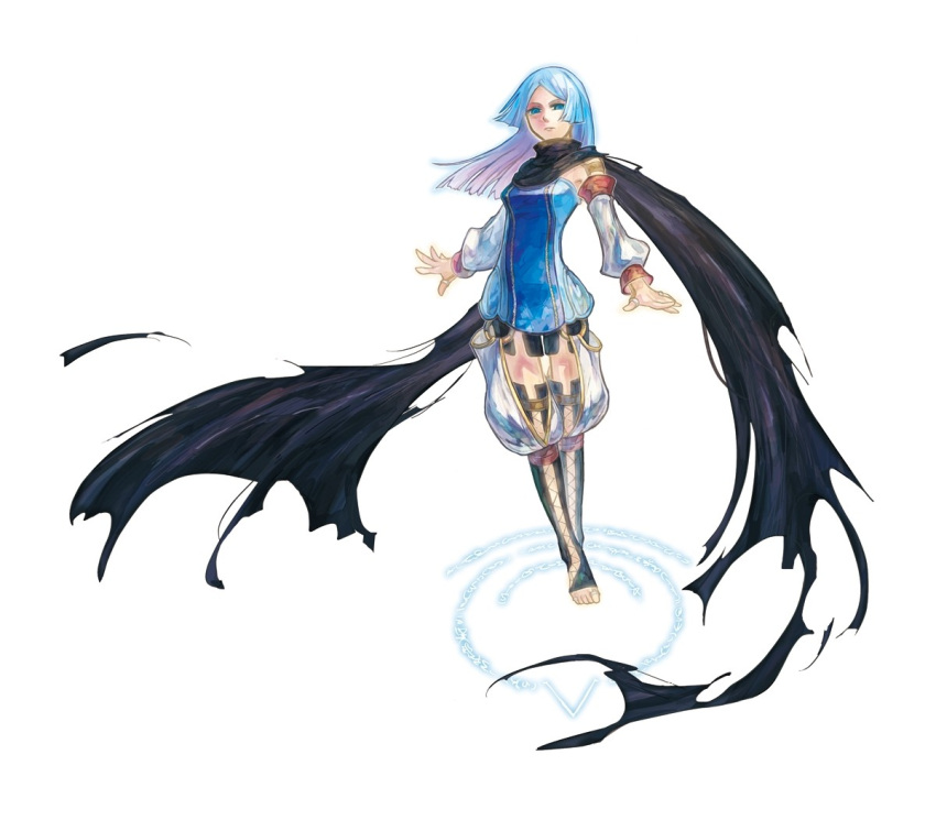 Safebooru - 1girl barefoot blue eyes blue hair cape detached pants ...