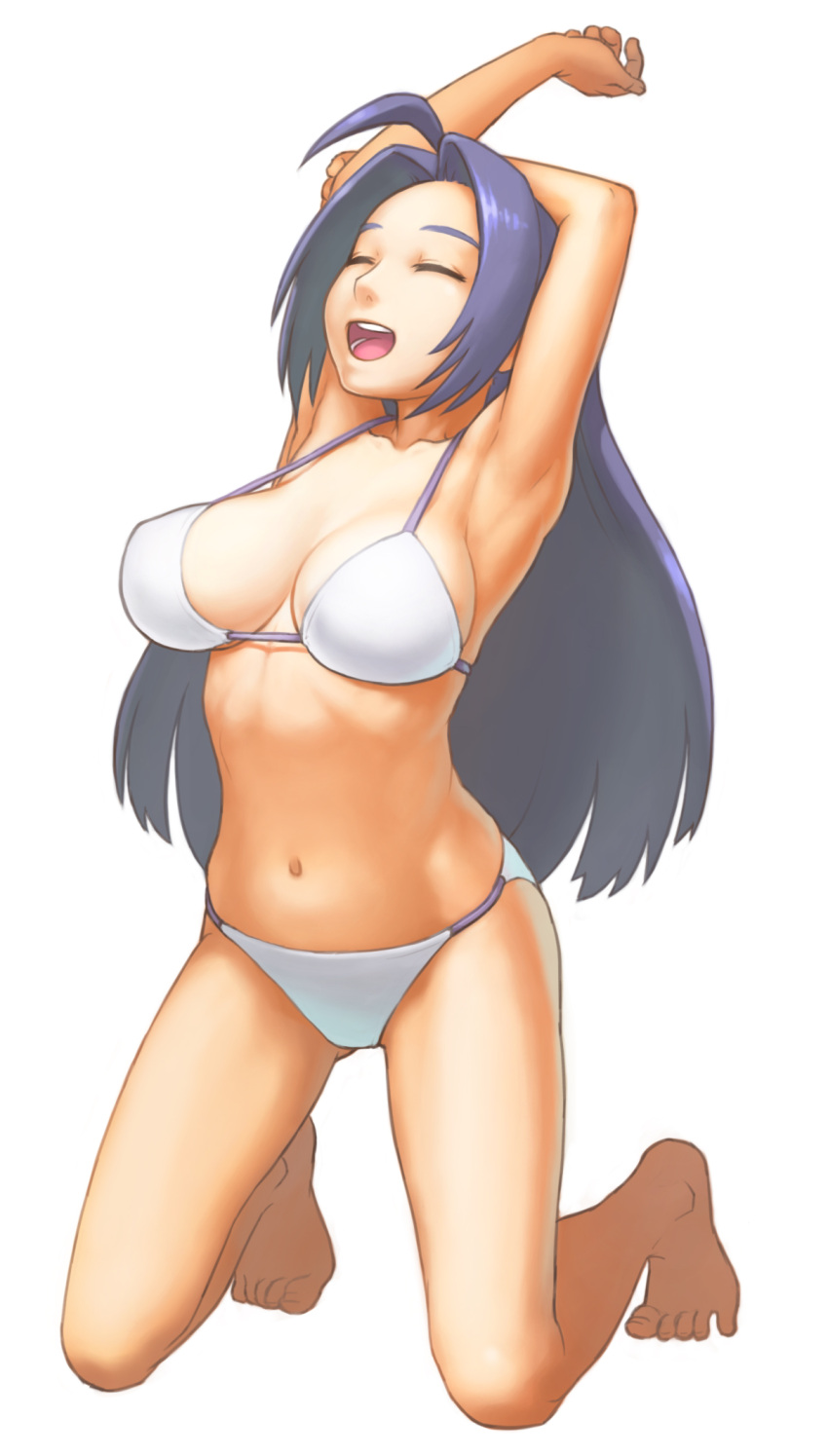 Safebooru - 1girl ahoge armpits arms behind head bare shoulders barefoot bikini breasts cleavage ...
