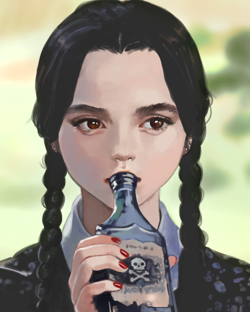 Safebooru - 1girl addams family bangs blurry blurry background bottle ...