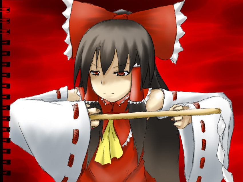 Safebooru - bow brown hair detached sleeves gohei hair bow hakurei ...