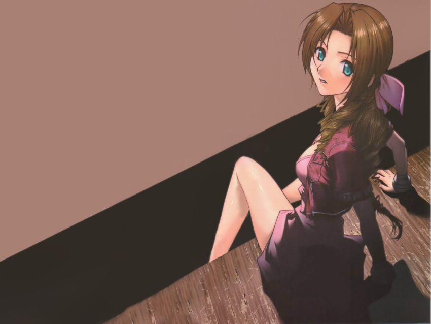 Safebooru - 1girl aerith gainsborough blue eyes brown hair cropped jacket dress final fantasy ...