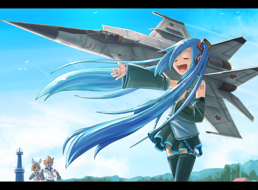 Safebooru - 1boy 2girls aircraft airplane blue hair brother and sister ...