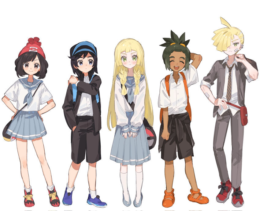Safebooru - 2girls 3boys :d ^ ^ alternate costume arm behind head arm up bag baseball cap beanie ...