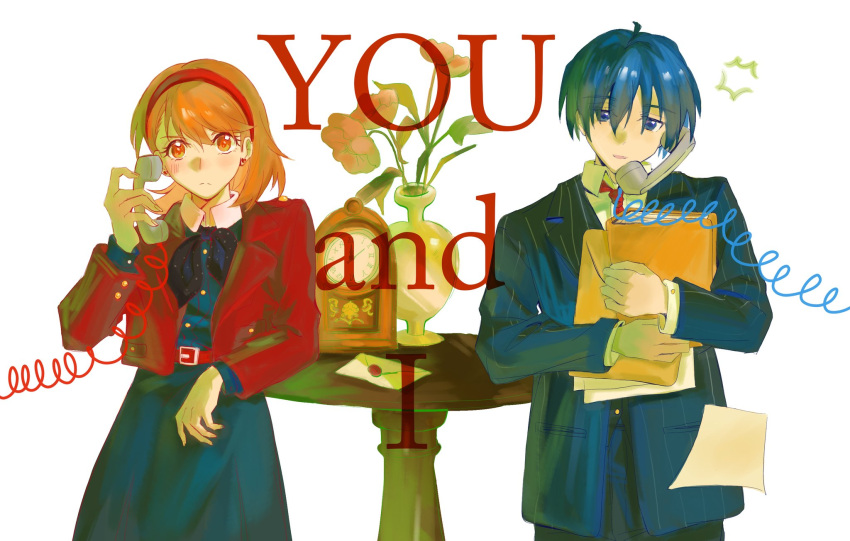 Safebooru - 1boy 1girl belt blue hair blush brown hair clock corded phone earrings falling paper ...