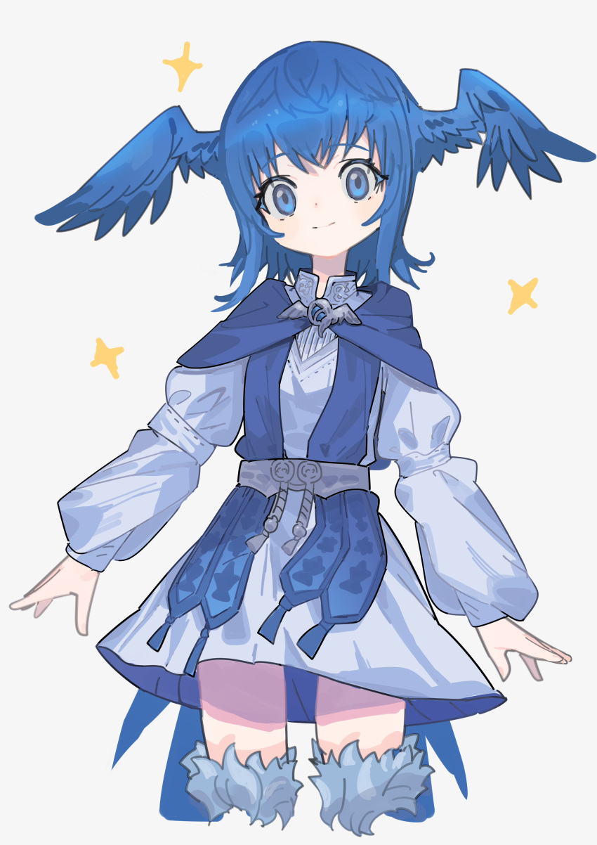 Safebooru - 1girl absurdres blue capelet blue eyes blue hair brooch capelet cropped legs dress ...