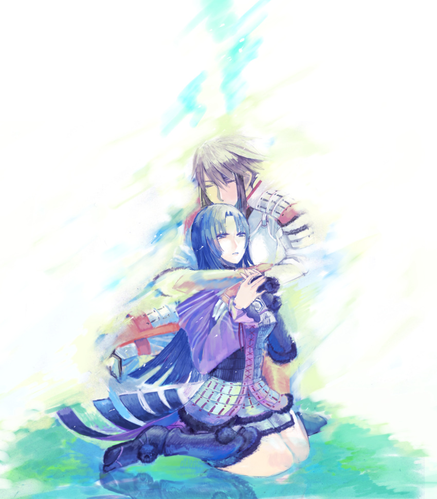 Safebooru - 1boy 1girl armor azai nagamasa (sengoku basara) black footwear blue hair brown hair ...