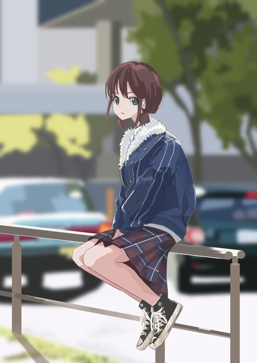 Safebooru - 1girl absurdres between legs black footwear blue eyes blue jacket blurry blurry ...