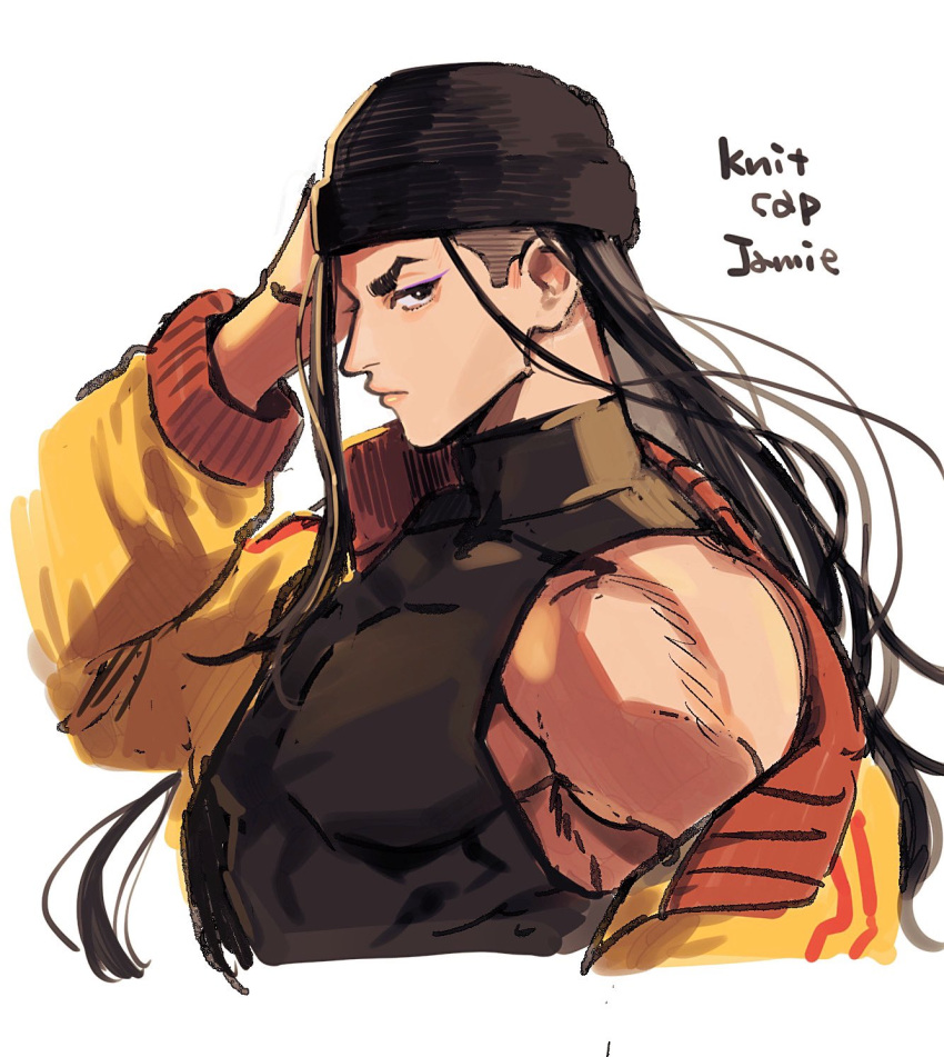 Safebooru - 1boy arm up beanie black hat black shirt brown eyes closed mouth cropped torso ...