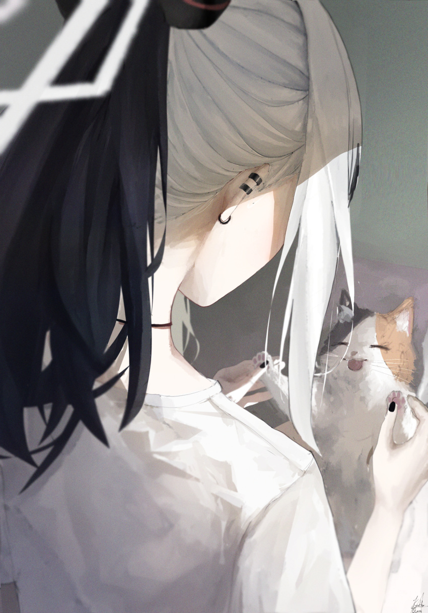 Safebooru - 1girl absurdres black hair black nails blue archive calico cat earclip earrings from ...