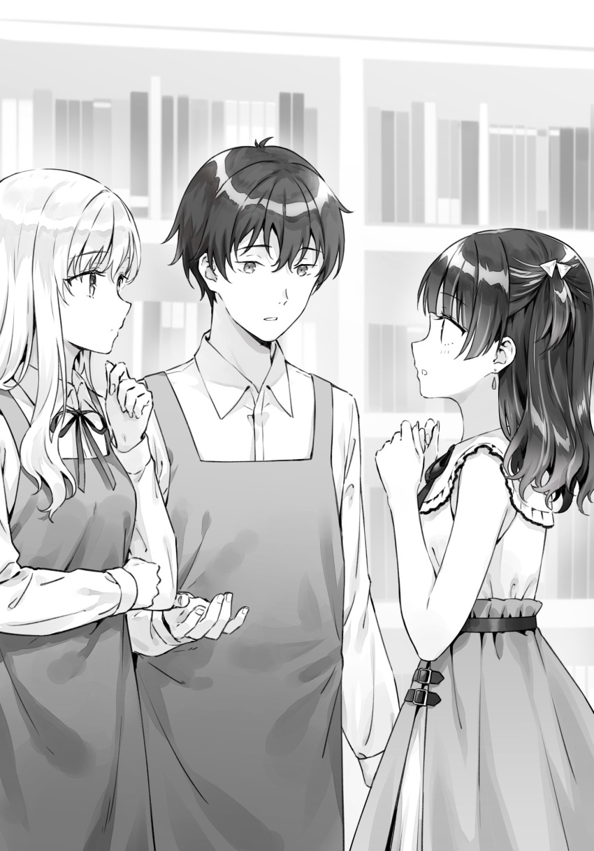 Safebooru - 1boy 2girls apron asamura yuuta ayase saki bookshelf ...