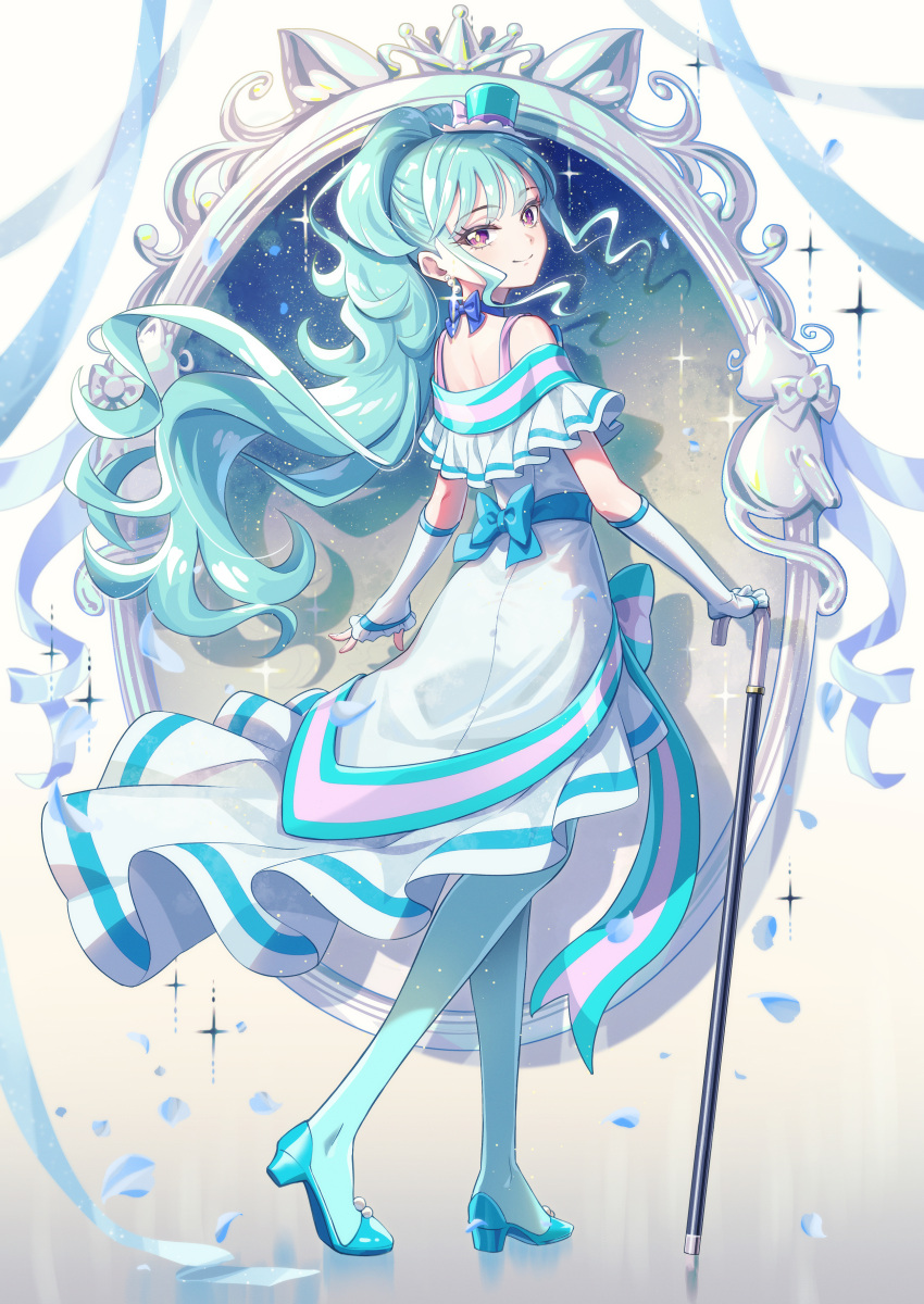 Safebooru - 1girl absurdres aqua bow aqua footwear aqua hair aqua hat aqua thighhighs back bow ...