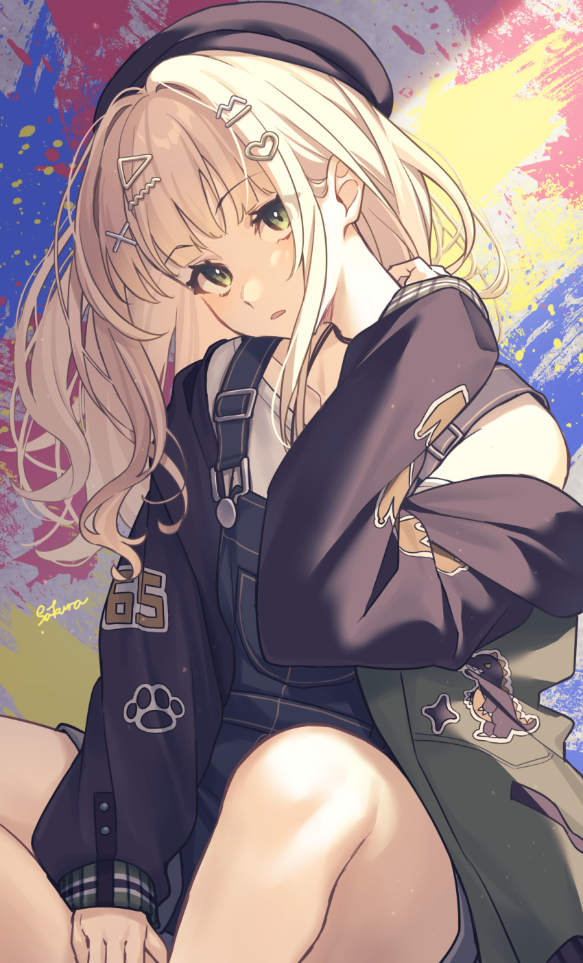 Safebooru - 1girl beret black hat black jacket blonde hair blue overalls commentary request ...