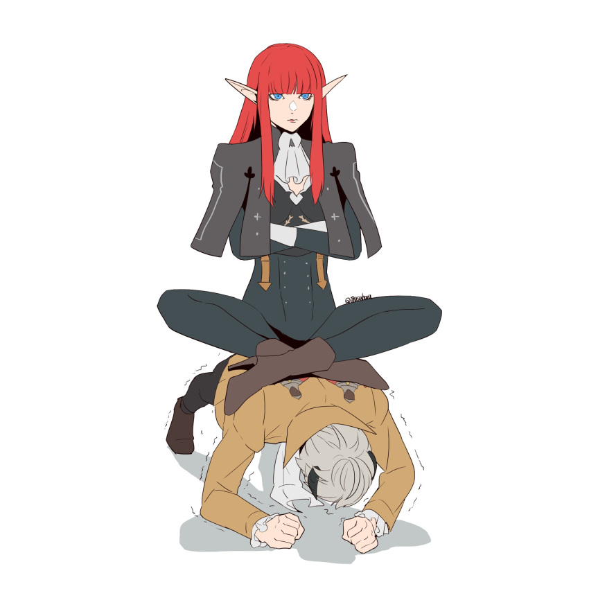 Safebooru - 1boy 1girl absurdres all fours blunt bangs boots closed mouth crossed arms ...