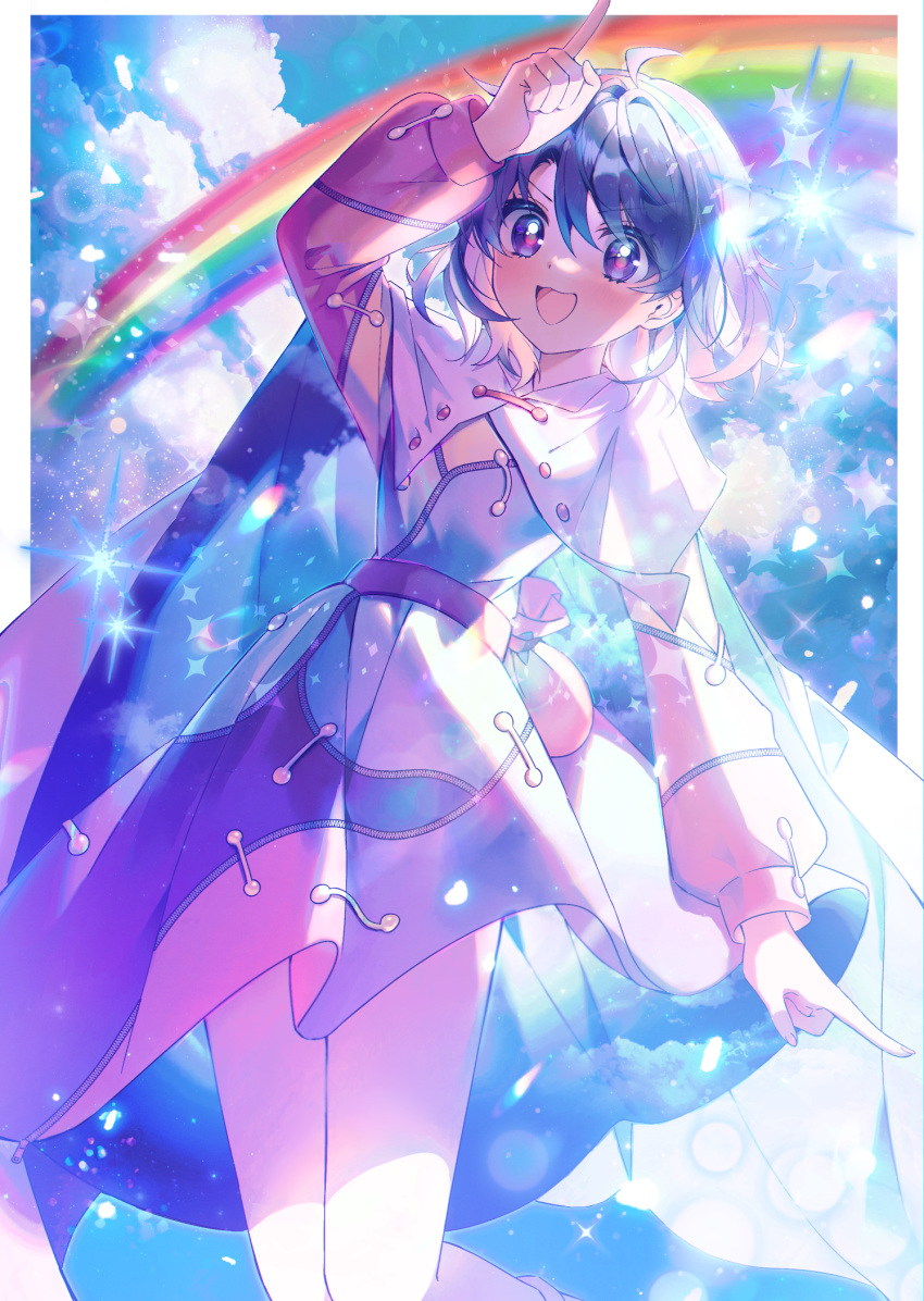 Safebooru - 1girl :d ahoge arm at side arm up backlighting belt blue eyes blue hair blue sky ...