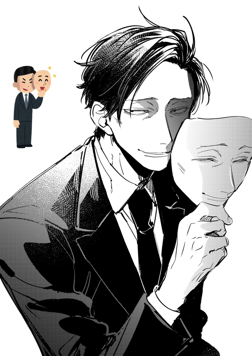 Safebooru - 1boy black necktie black suit greyscale highres holding ...