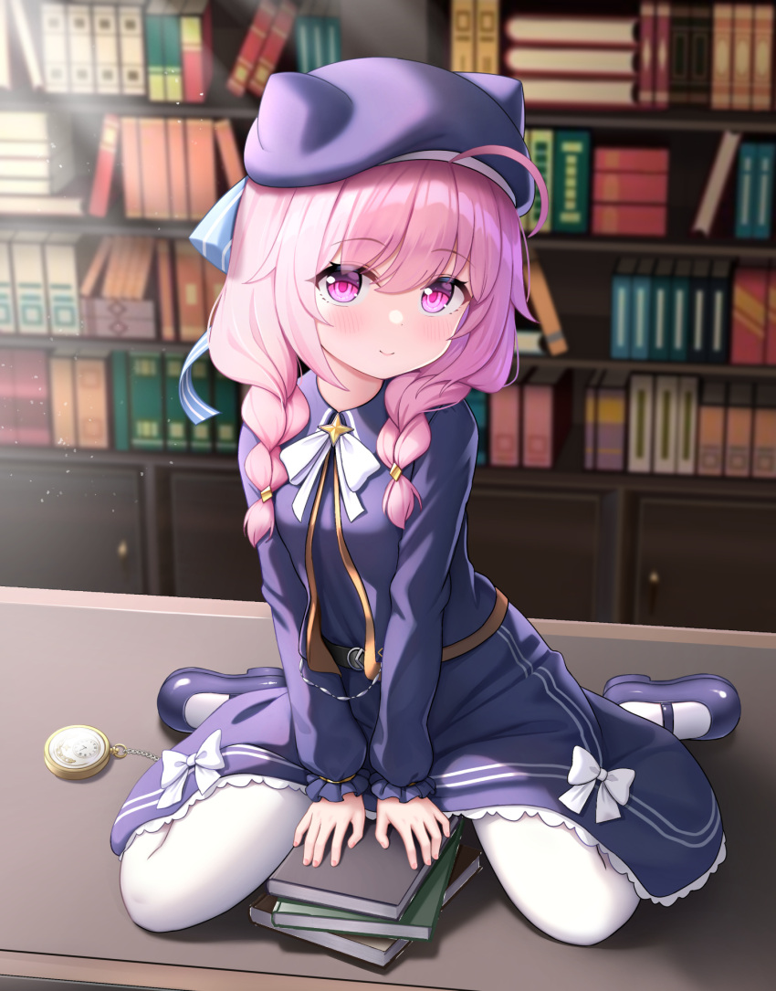 Safebooru - 1girl beret blue dress blush book book stack bookshelf bow ...