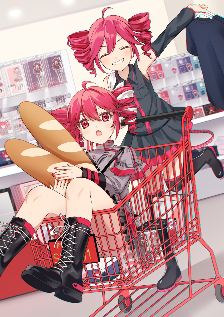 Safebooru - 2girls :o absurdres ahoge baguette belt black belt black footwear black shirt black ...